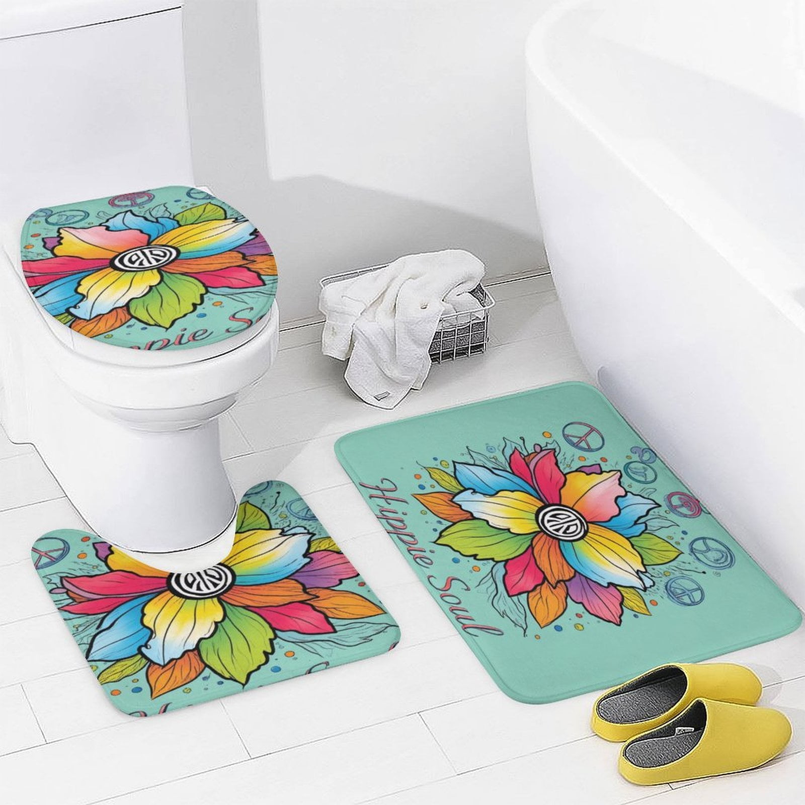 Colorful Flower with Peace Symbols Bathroom Mats Sets 3 Piece, Bath Mat ...