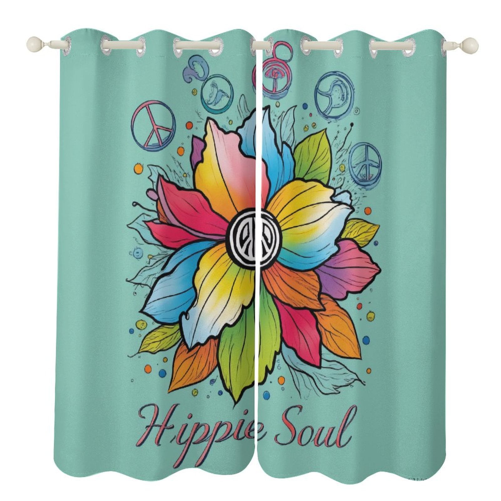 Colorful Flower with Peace Symbols Blackout Window Curtains for Bedroom ...