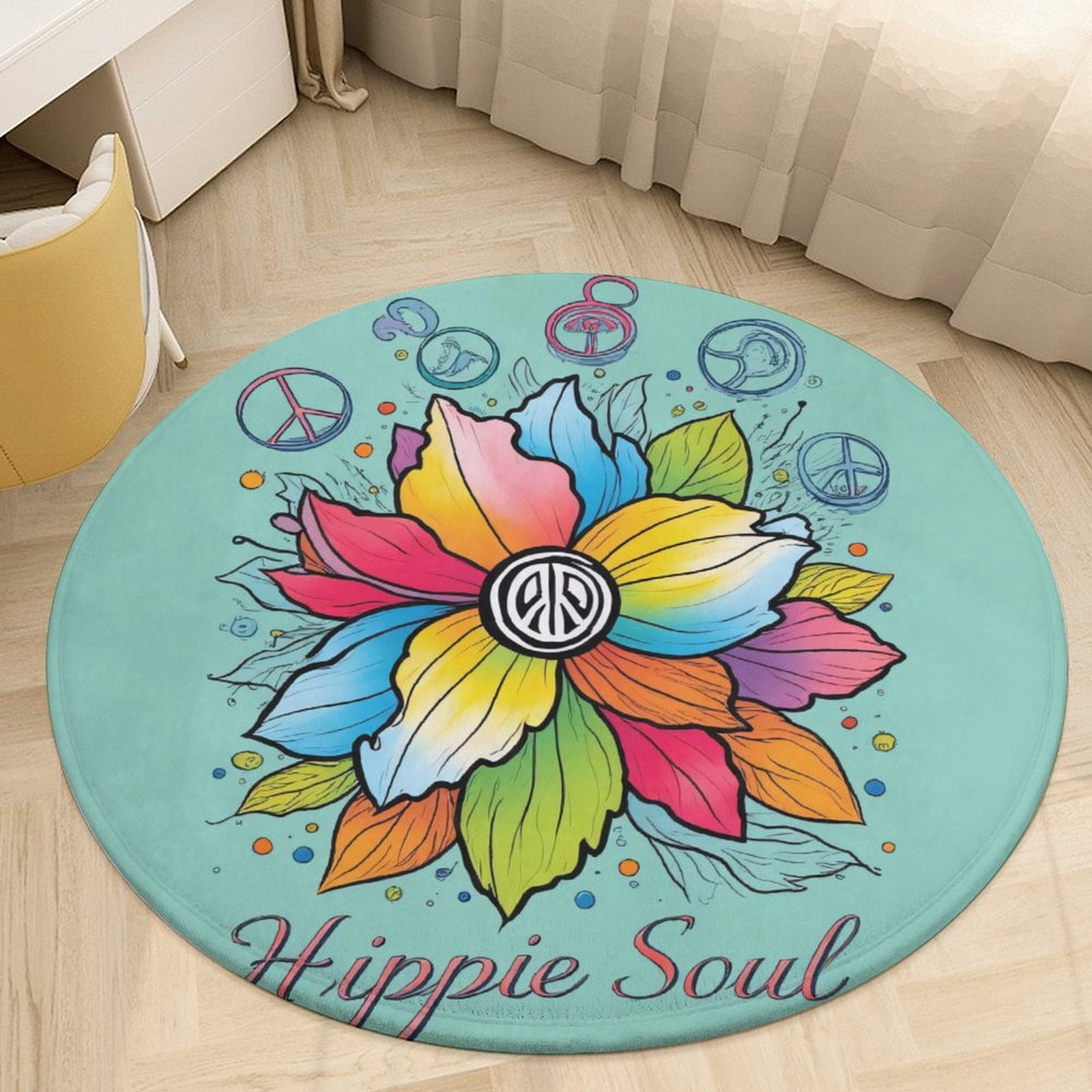 Colorful Flower with Peace Symbols Round Area Rugs for Bedroom Living ...