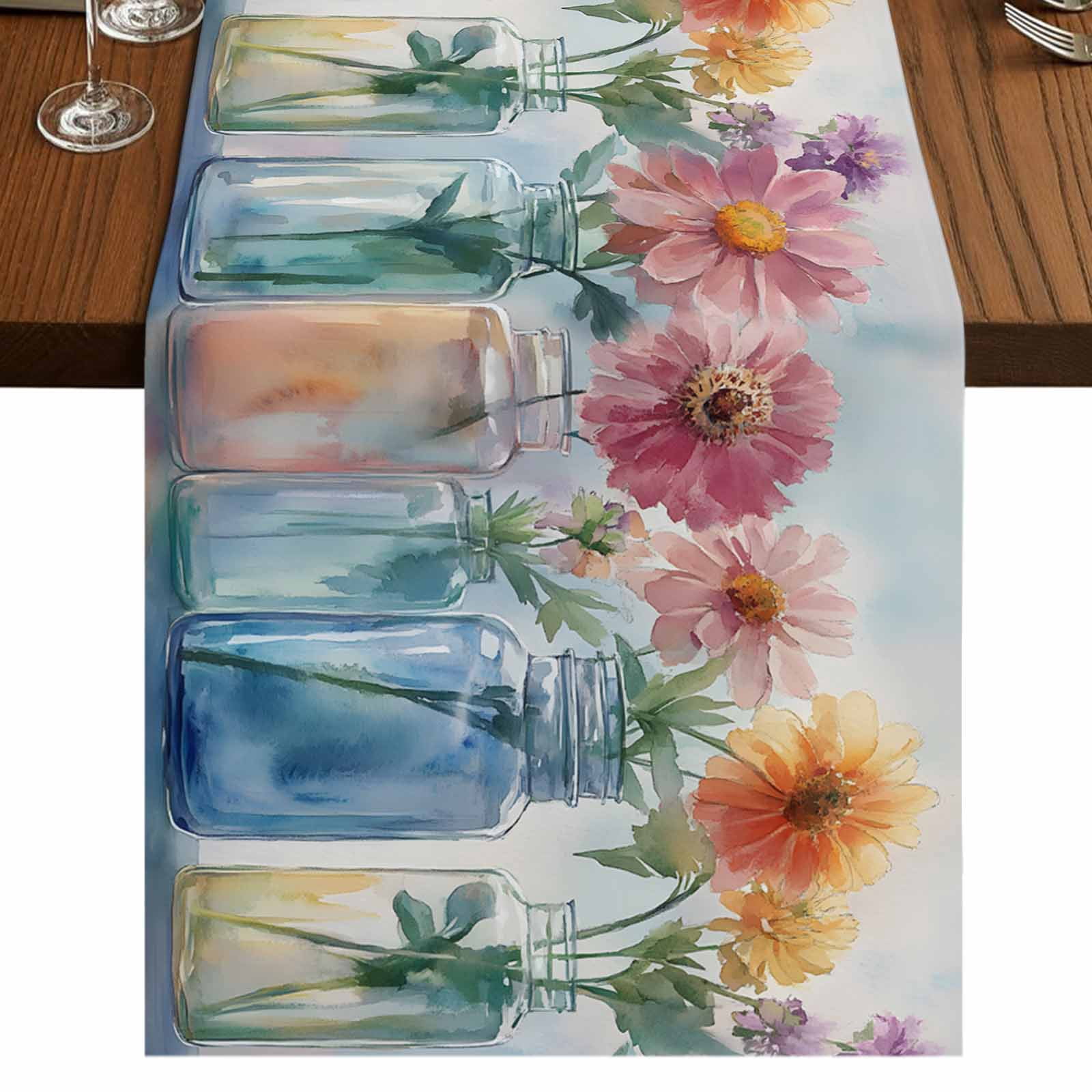 Colorful Flowers 120 Inch Table Runner, Farmhouse Watercolor Spring ...