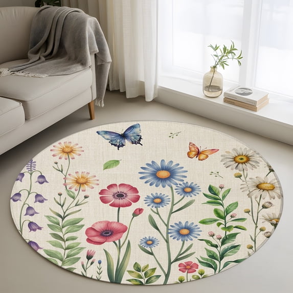 Colorful Flowers 3' Round Rug for Bathroom Accent Bedside Corner ...