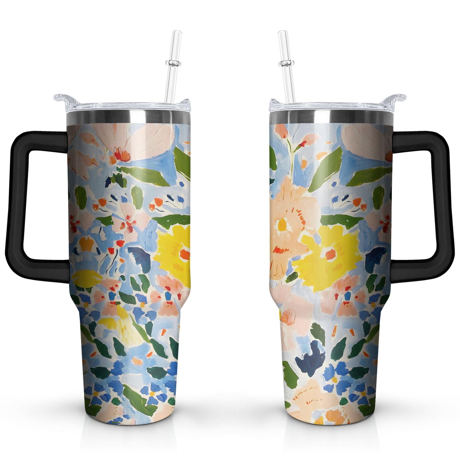 Colorful Flowers 40 OZ Tumbler Cup with Lid and Straw for Water Iced ...
