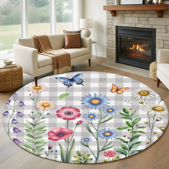 Colorful Flowers 7' Round Rug for Living Room Conversation Area ...