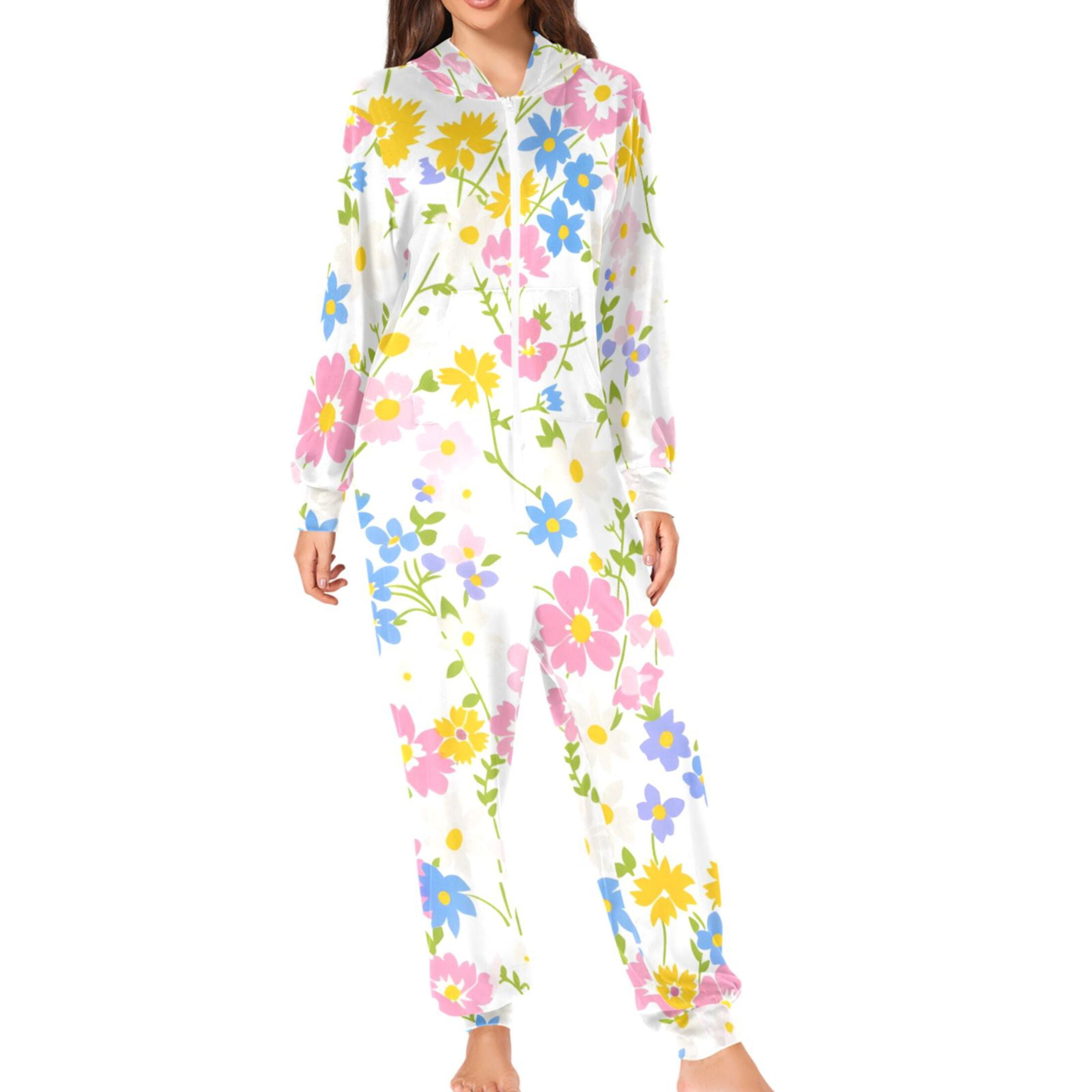 Colorful Flowers Adult's Hoodie Onesie Jumpsuit One-Piece Pajamas with ...
