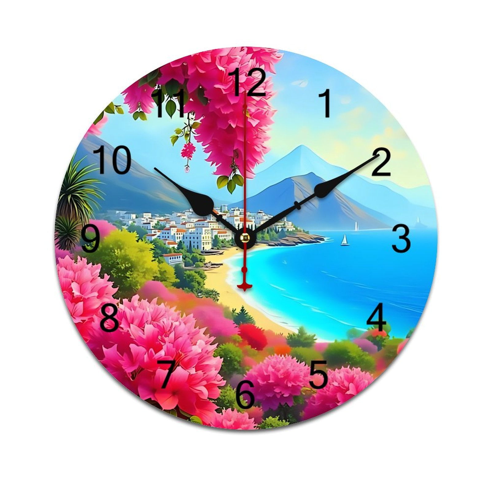 Colorful Flowers And Trees Printed Silent Wall Clock Round Kitchen ...