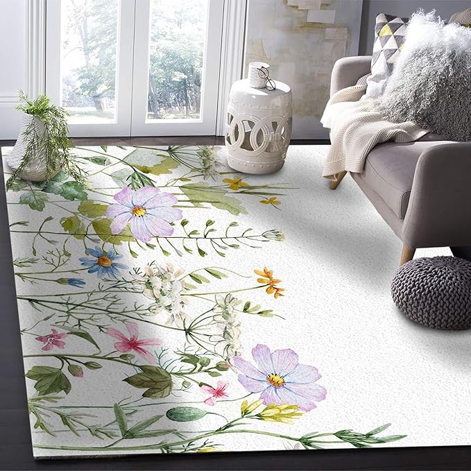 Colorful Flowers Area Rug, Spring Floral Wild Plant Decorative Rug ...