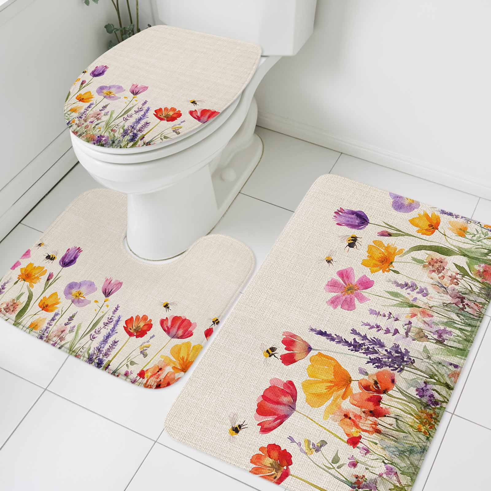 Colorful Flowers Bathroom Rugs Set Spring Floral Non Slip Absorbent ...
