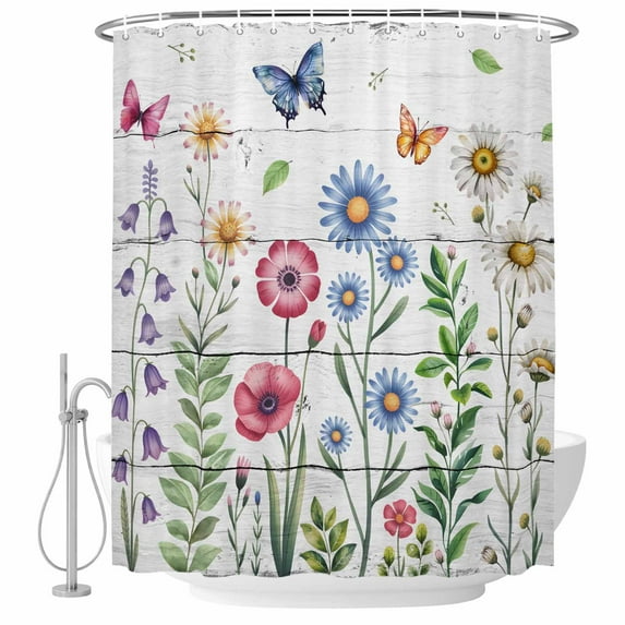 Colorful Flowers Bathroom Shower Curtains with Hooks, Vintage Spring ...