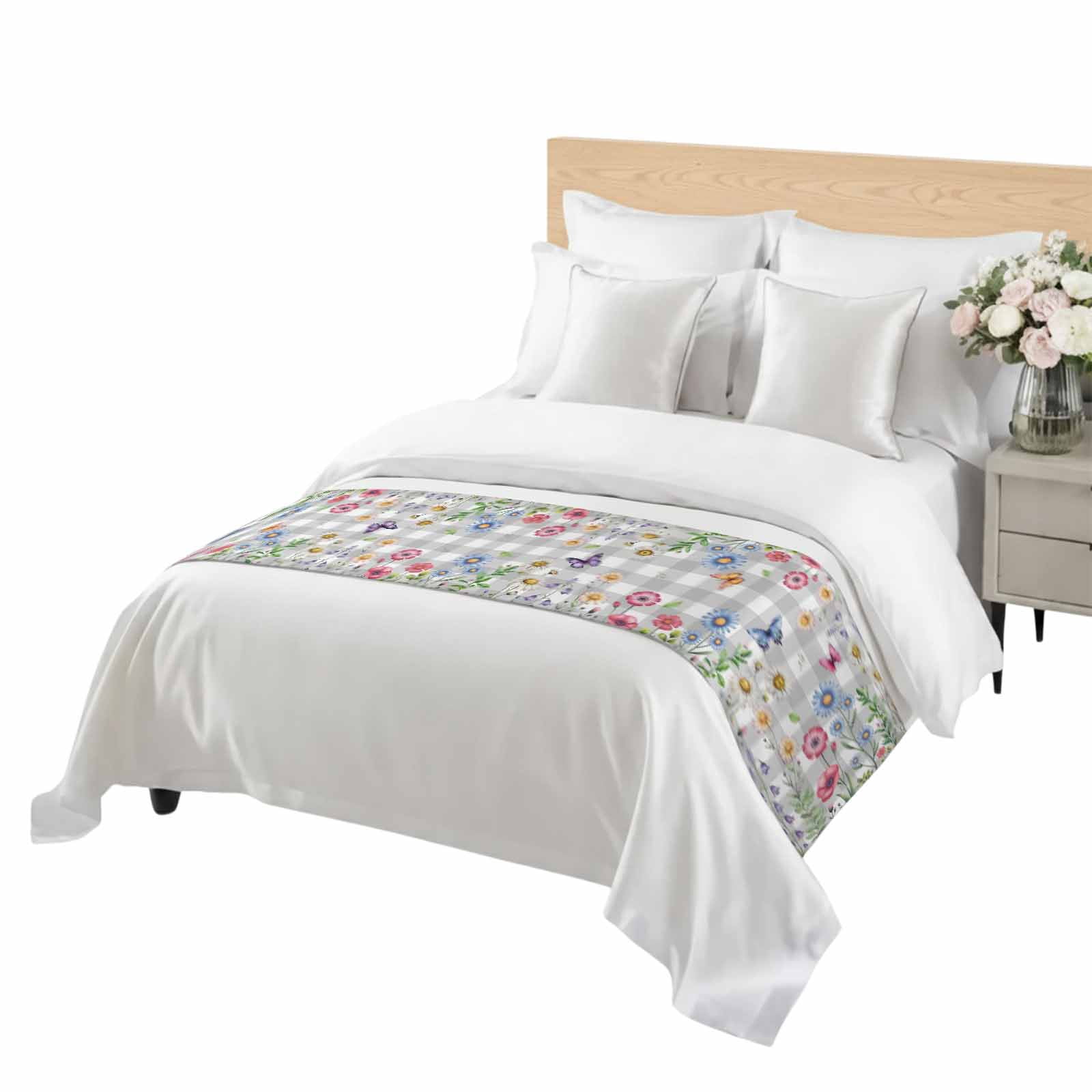 Colorful Flowers Bed Runner Twin Size Vintage Spring Pink Blue White ...