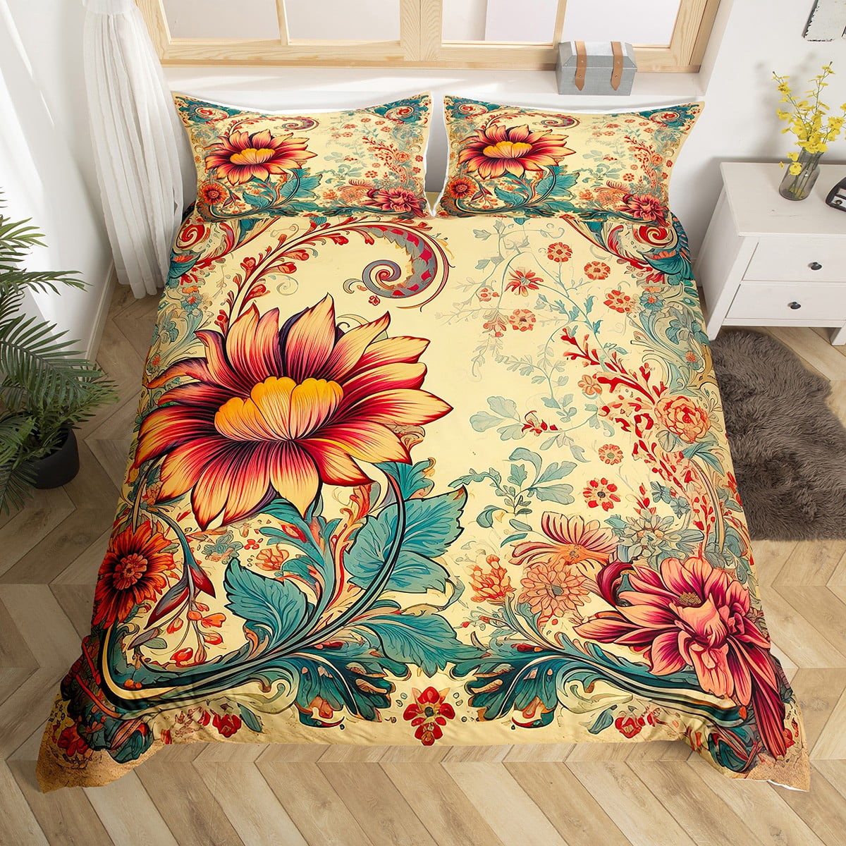 Colorful Flowers Bedding Set Boho Paisley Floral Decor Duvet Cover for ...