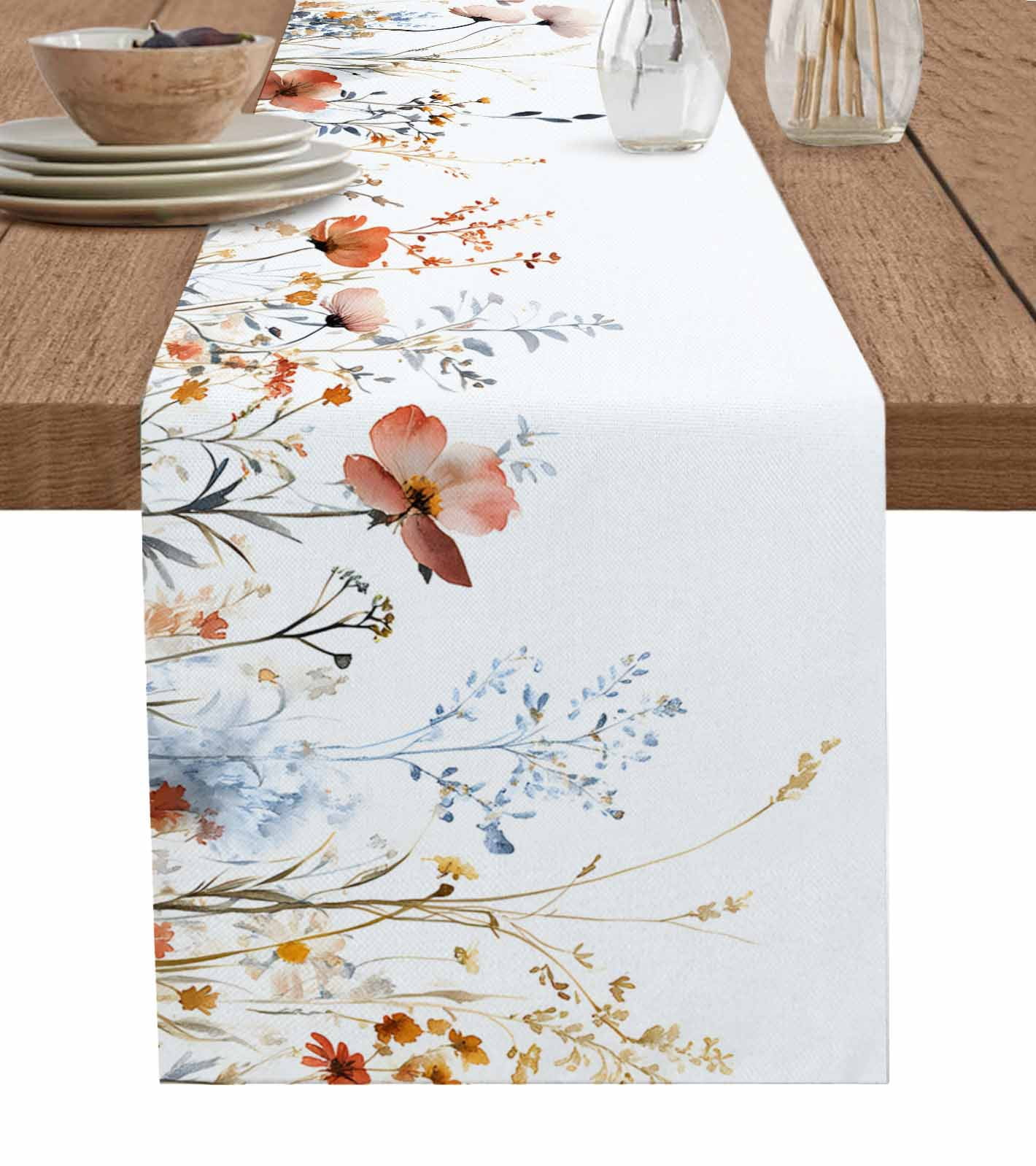 Colorful Flowers Burlap Cotton Table Runner 13x36 Inches Short ...