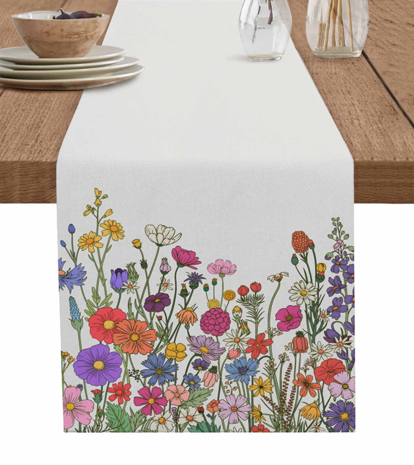 Colorful Flowers Burlap Cotton Table Runner 13x48 Inches Long, Retro ...