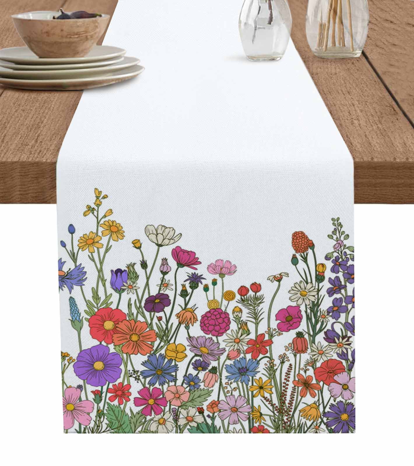 Colorful Flowers Burlap Cotton Table Runner 13x72 Inches Long ...