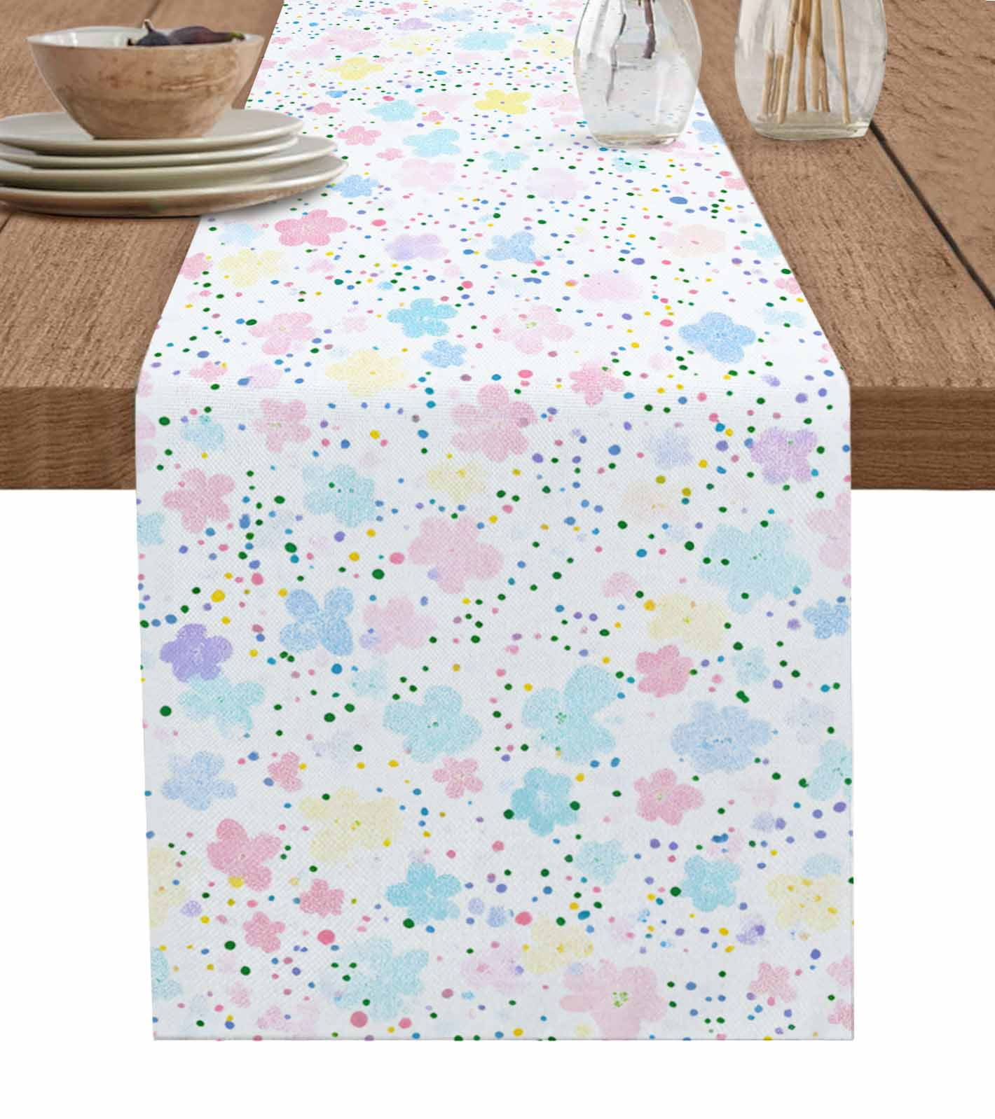 Colorful Flowers Burlap Cotton Table Runner 13x90 Inches Long, Polka ...