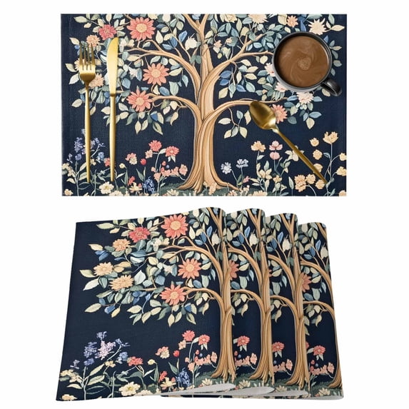 Colorful Flowers Cotton Linen Placemats Set of 1, Red Flower Trees Leaf ...