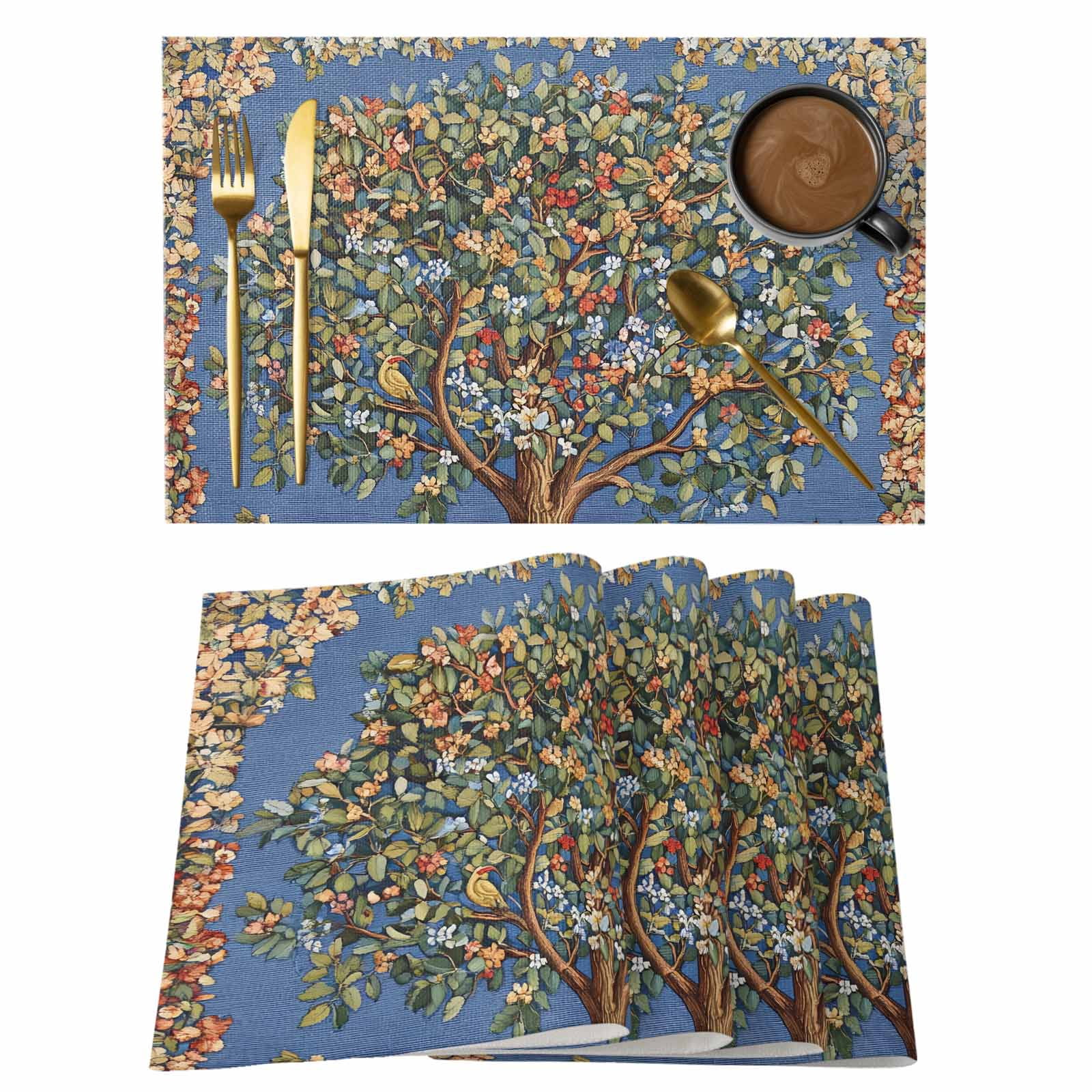 Colorful Flowers Cotton Linen Placemats Set of 4, Vintage Plant Red ...