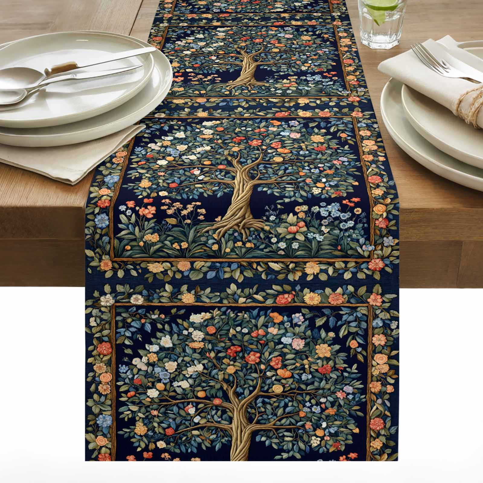 Colorful Flowers Cotton Linen Table Runner Blue Flower Trees Leaf ...