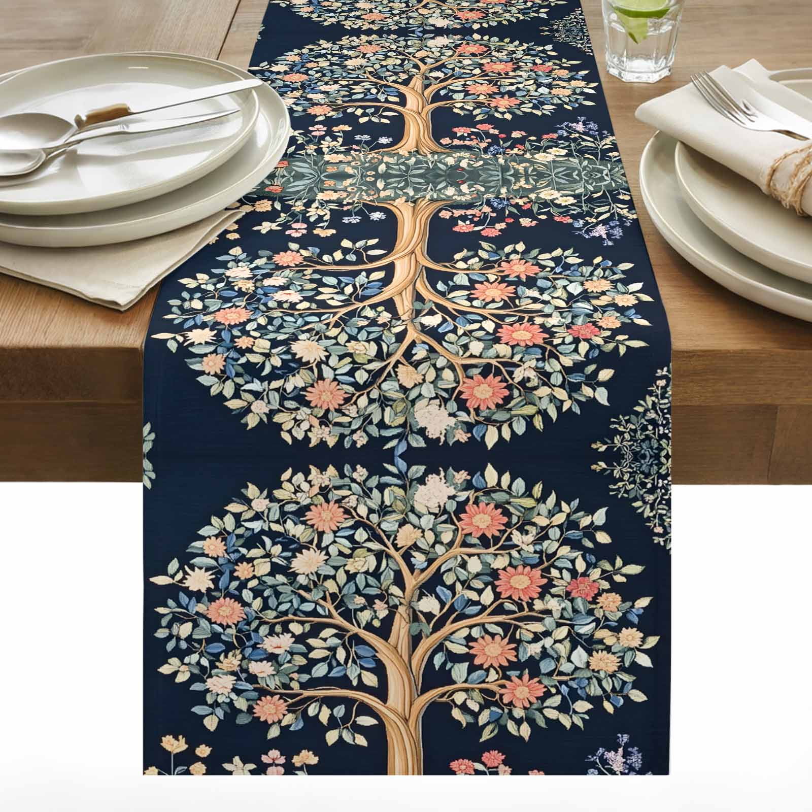 Colorful Flowers Cotton Linen Table Runner Red Flower Trees Leaf ...
