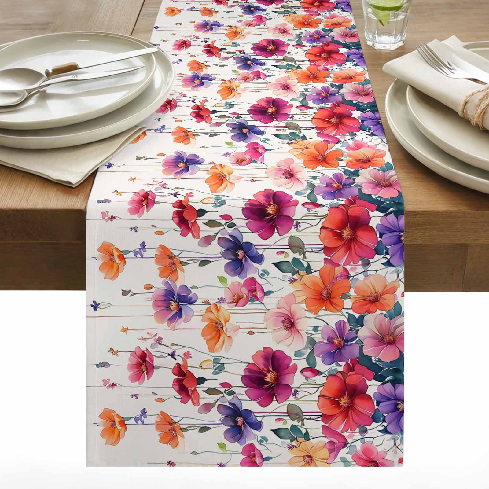 Colorful Flowers Cotton Linen Table Runner Spring Red Pink Purple ...