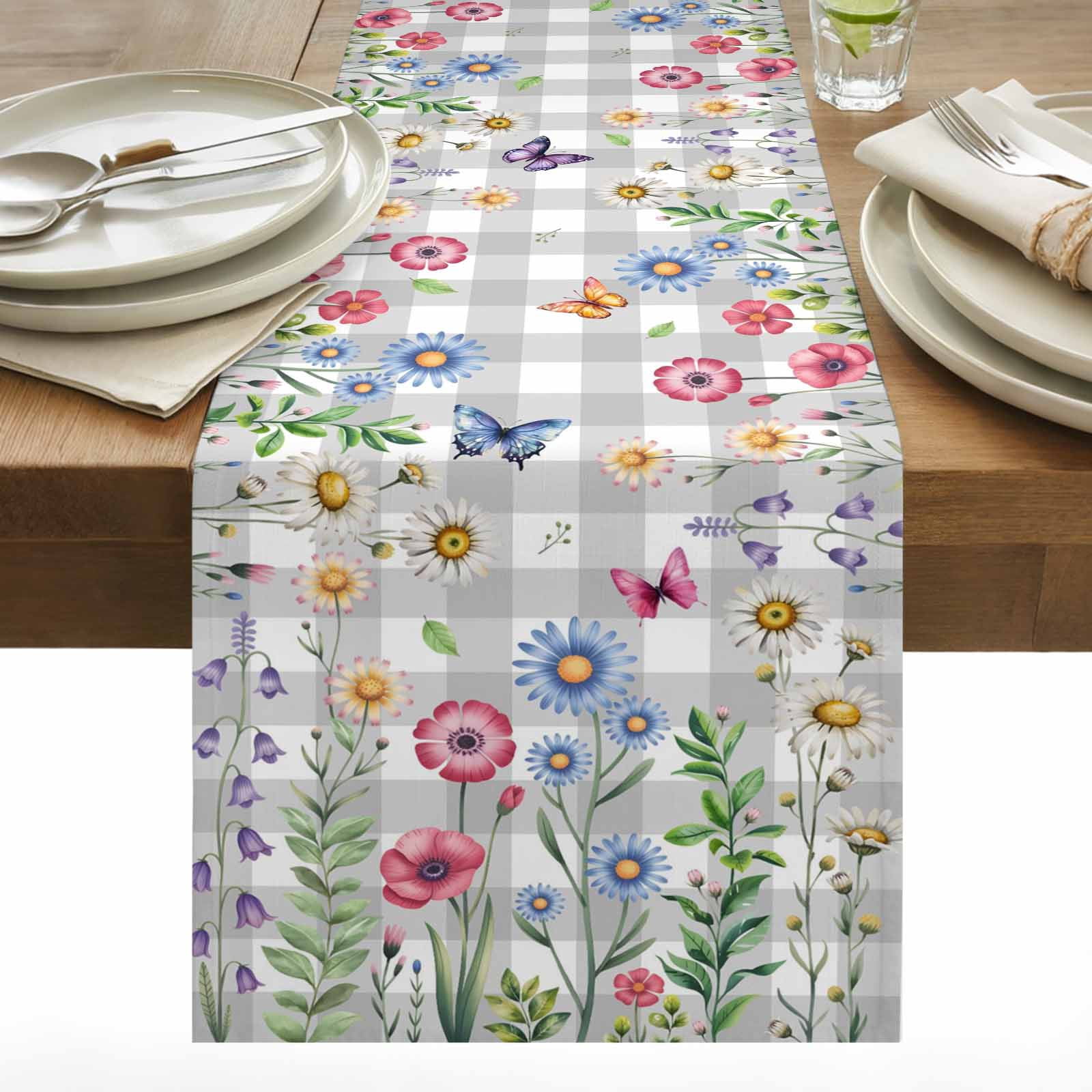 Colorful Flowers Cotton Linen Table Runner Vintage Spring Pink Blue ...