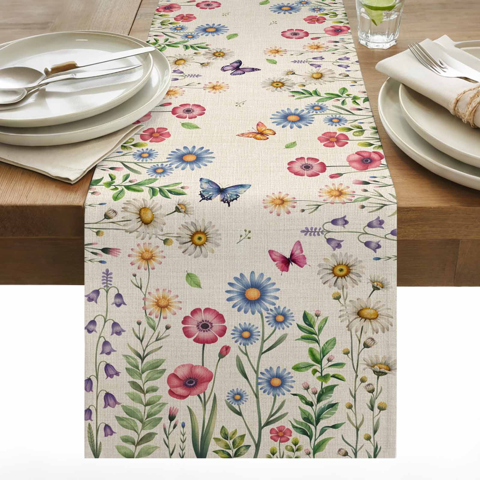 Colorful Flowers Cotton Linen Table Runner Vintage Spring Pink Blue ...