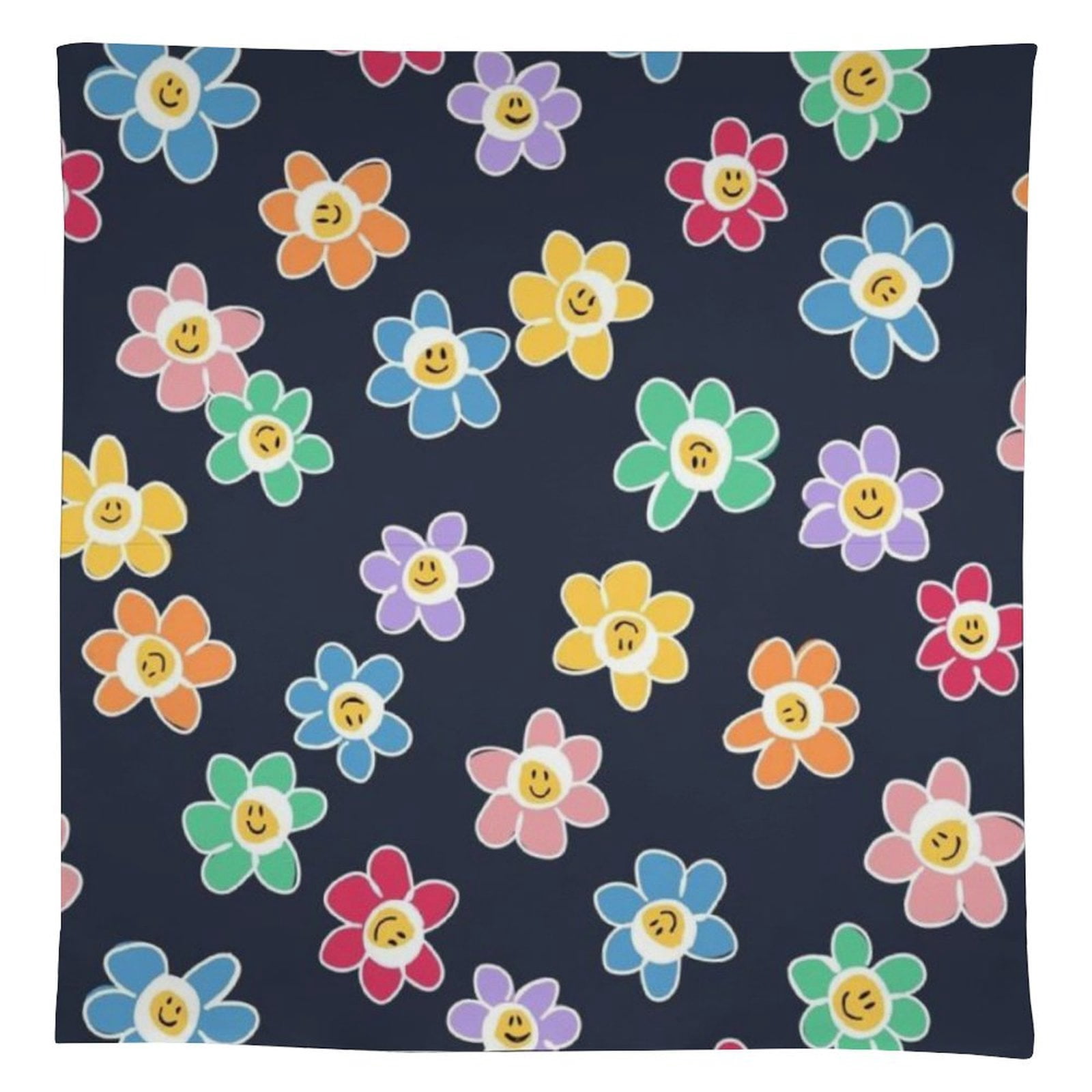 Colorful Flowers On Dark Blue Background Tablecloth, Premium Flax Linen ...