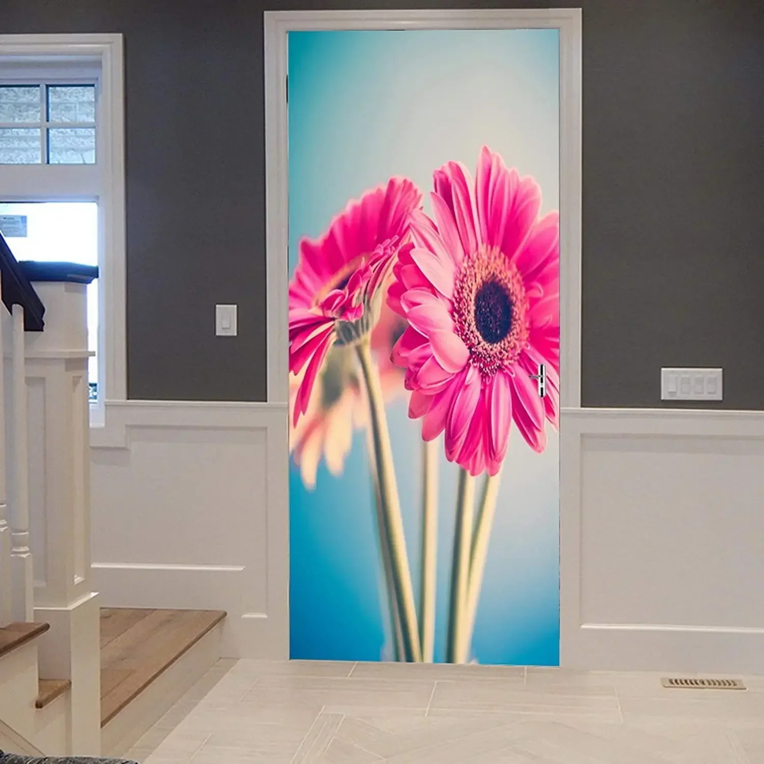 Colorful Flowers Door Sticker Oil Painting Red Lotus Decals Self ...