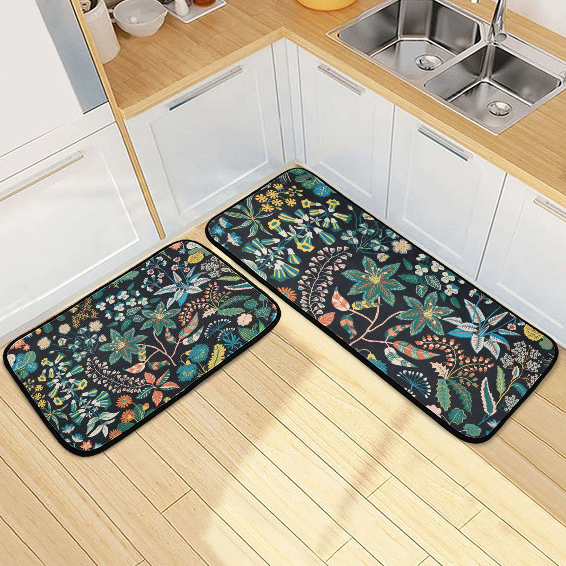 Colorful Flowers Floral Green Kitchen Mats Set 2 Piece Non Slip Floor ...