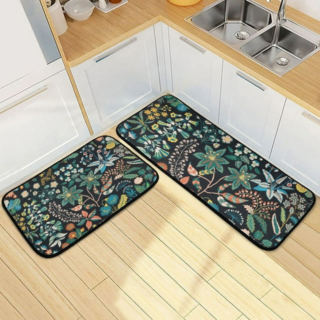 Colorful Flowers Floral Green Kitchen Mats Set 2 Piece Non Slip Floor ...