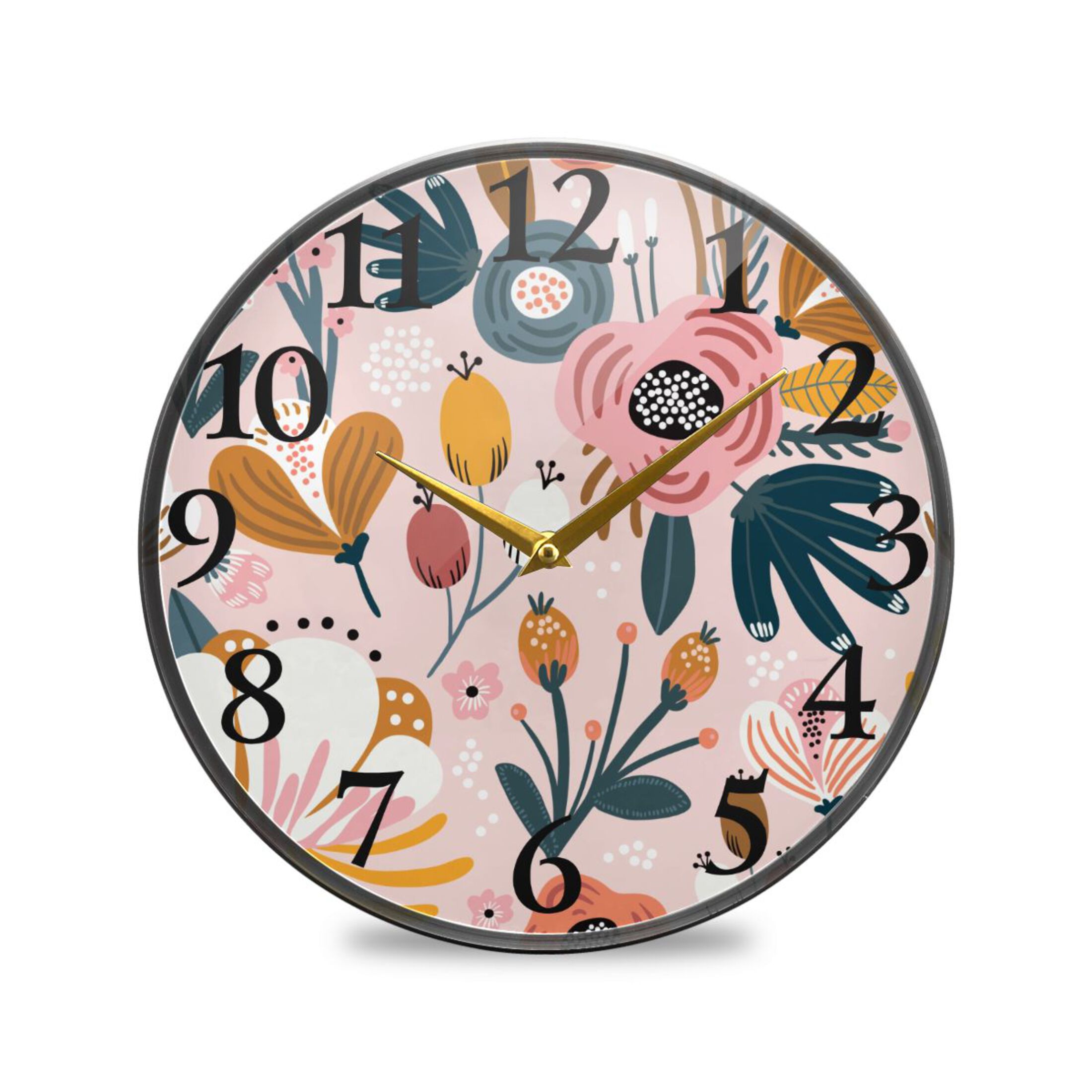 Colorful Flowers Floral on Pink Acrylic Wall Clocks Quiet Round Clock ...