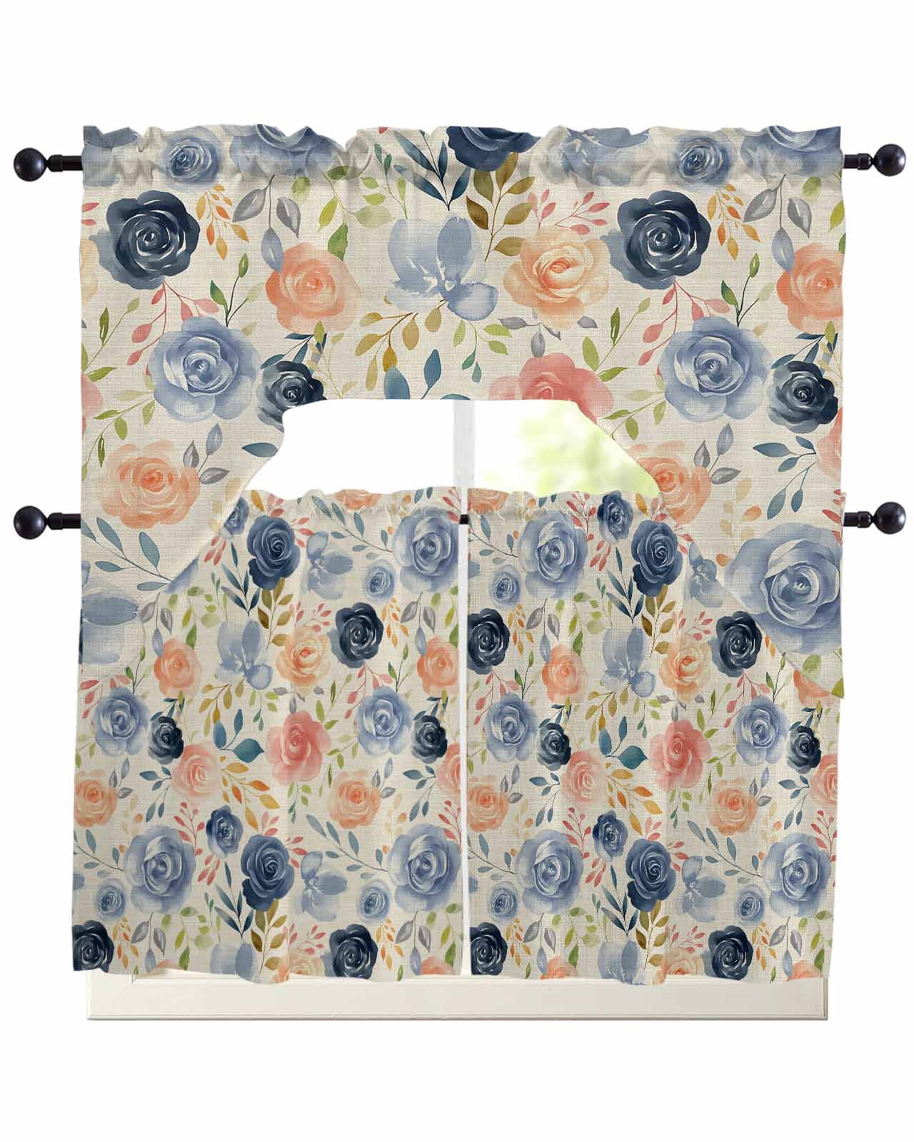 Colorful Flowers Kitchen Curtains Set for Windows 3 Piece Cafe Curtains ...