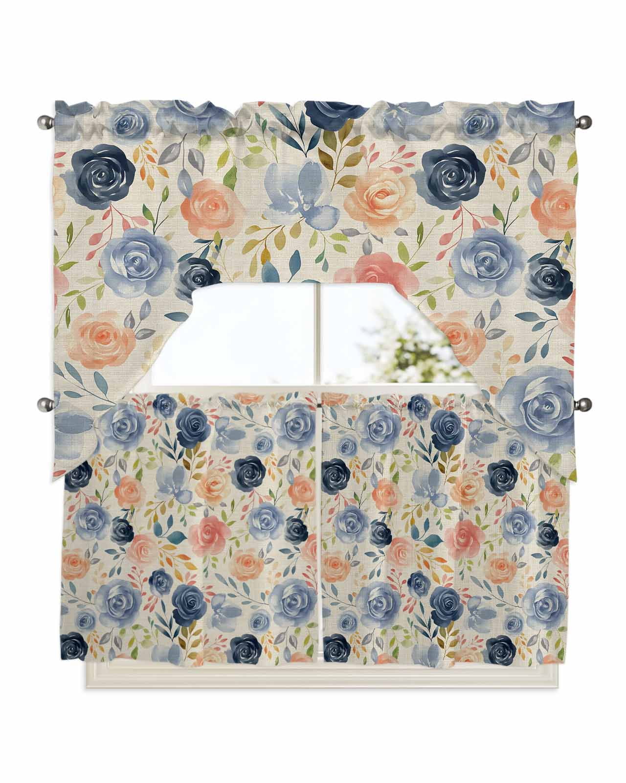 Colorful Flowers Kitchen Curtains Swag Valance and Tier Curtains Set 24 Inch Length, Watercolor ...