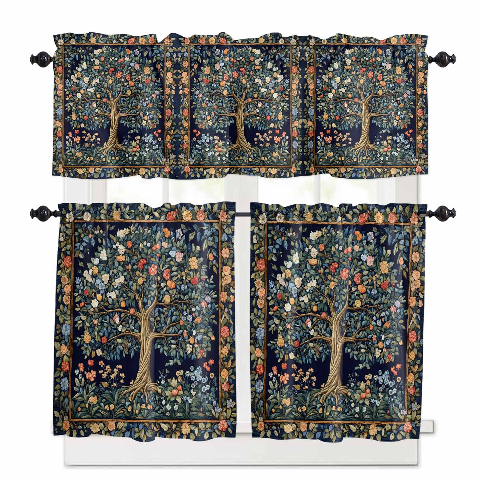 Colorful Flowers Kitchen Curtains Valances and Tiers Set of 3 Blue ...