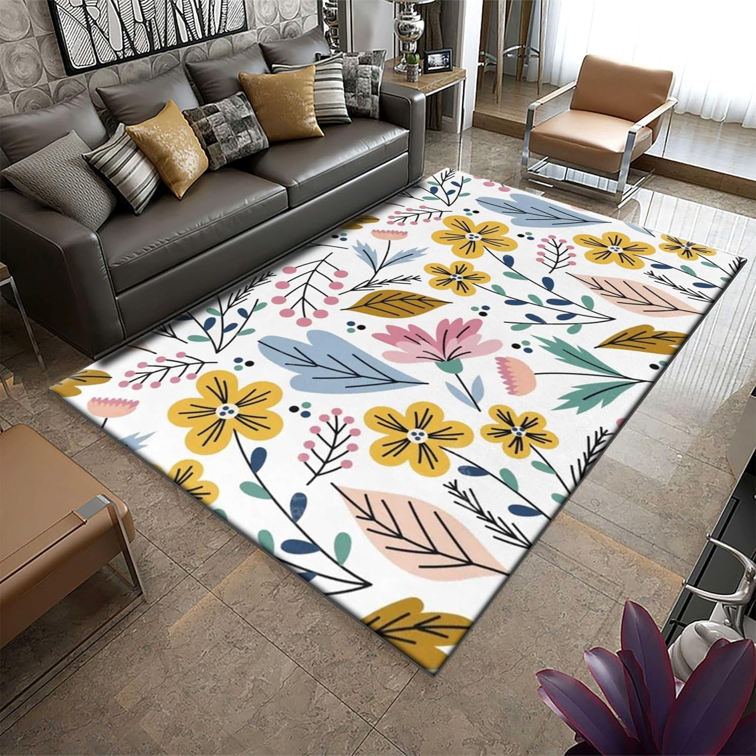 Colorful Flowers And Leaves Area Rugs, White Background Plant Pattern ...