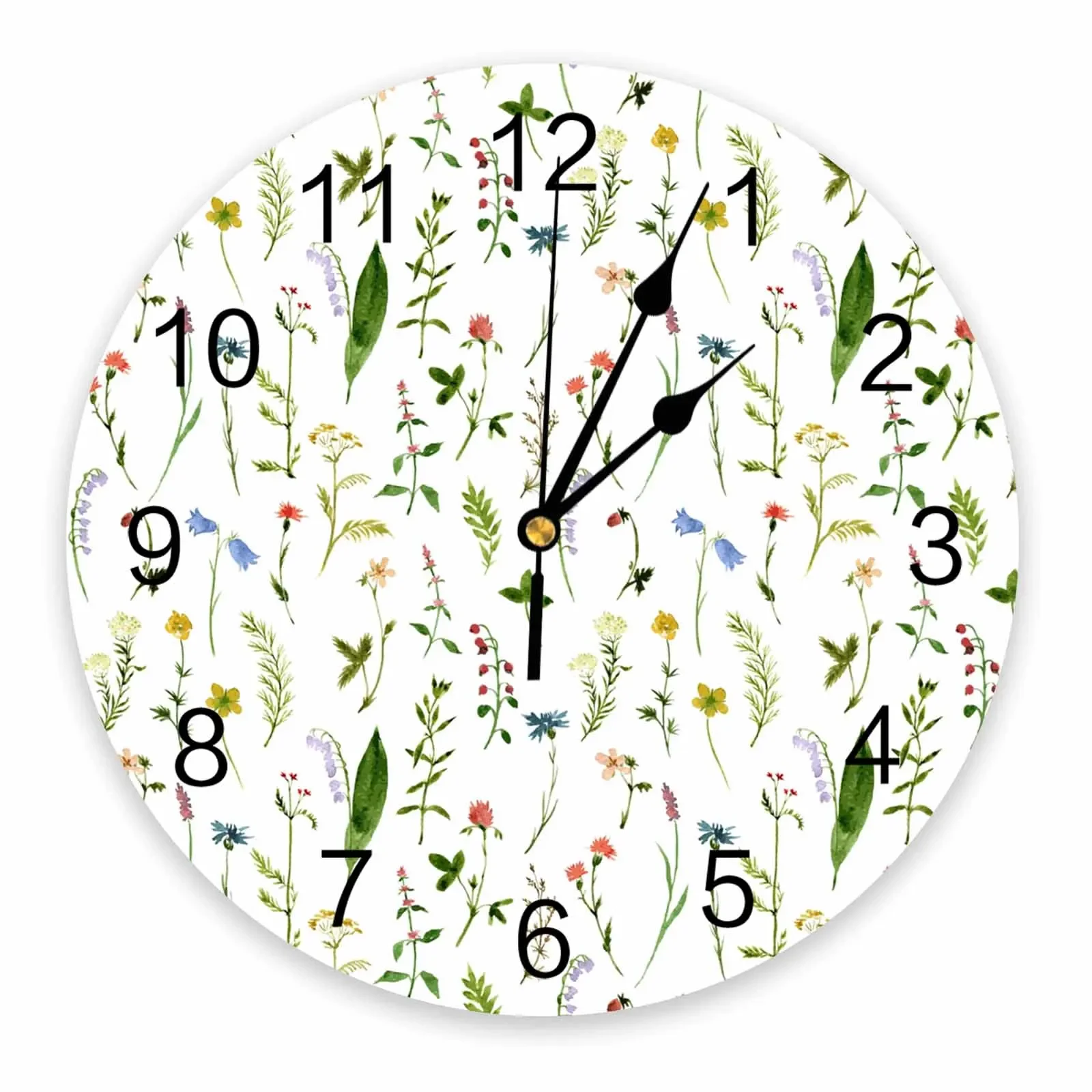 Colorful Flowers Leaves Branches Plants Round Wall Clock Hanging Silent ...