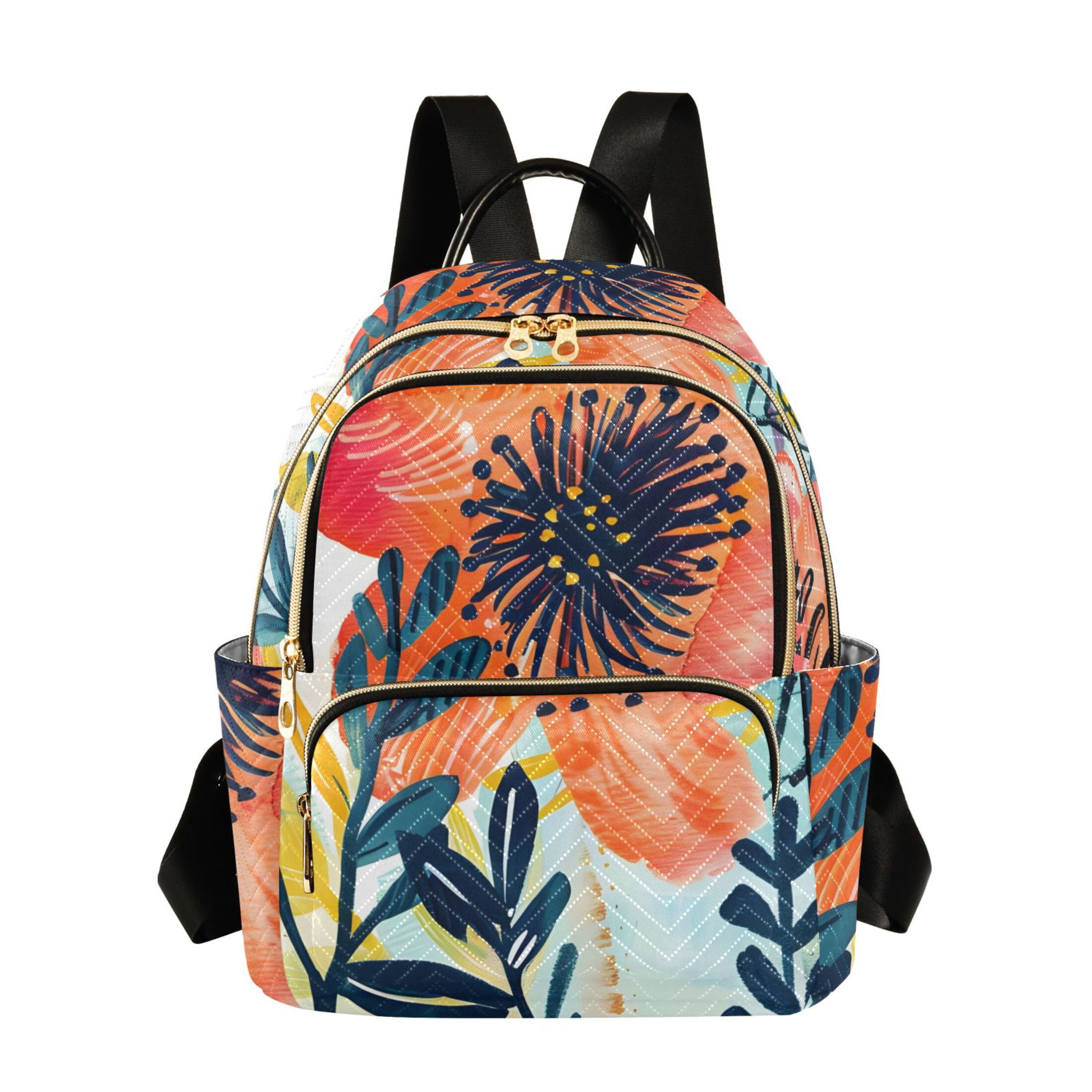 Colorful Flowers Leaves Watercolor Quilted Backpack Fashion Daypack ...