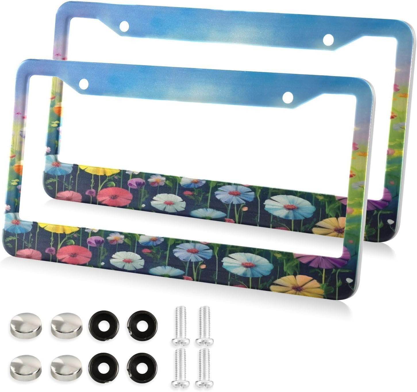 Colorful Flowers License Plate Frame, Aluminum Car Tag Frames, 2 Pack ...