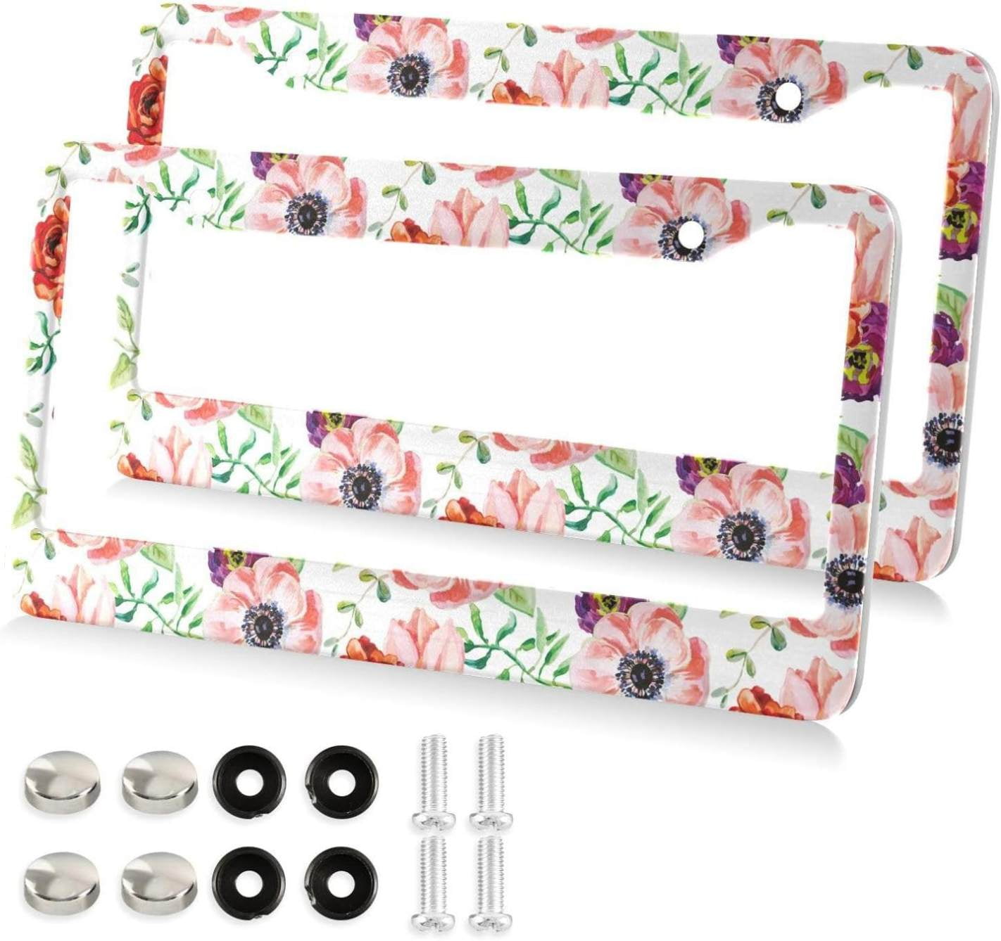 Colorful Flowers License Plate Frame, Decorative Aluminum Car Tag ...