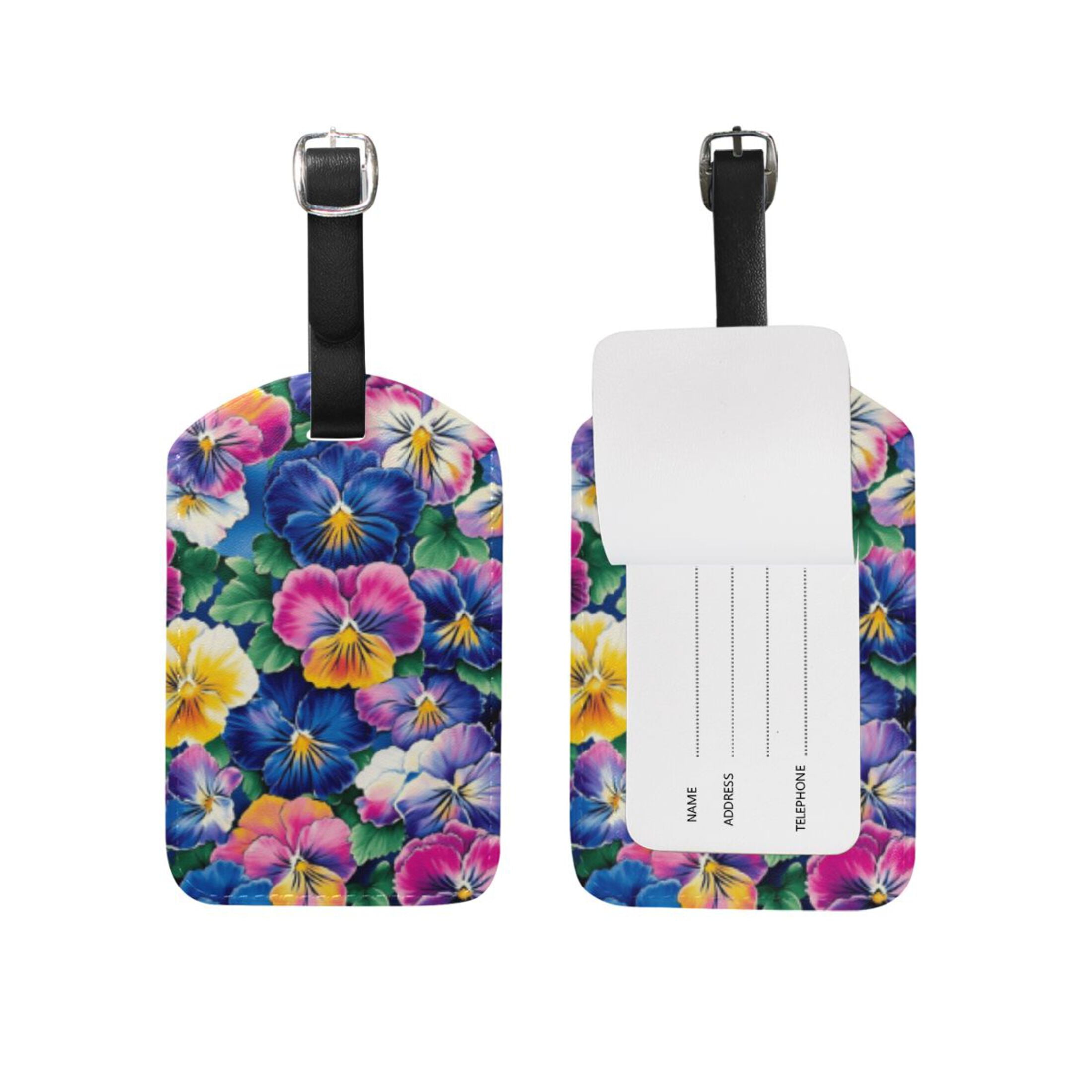 Colorful Flowers Pansies Luggage Tags PU Leather Name ID Labels for ...