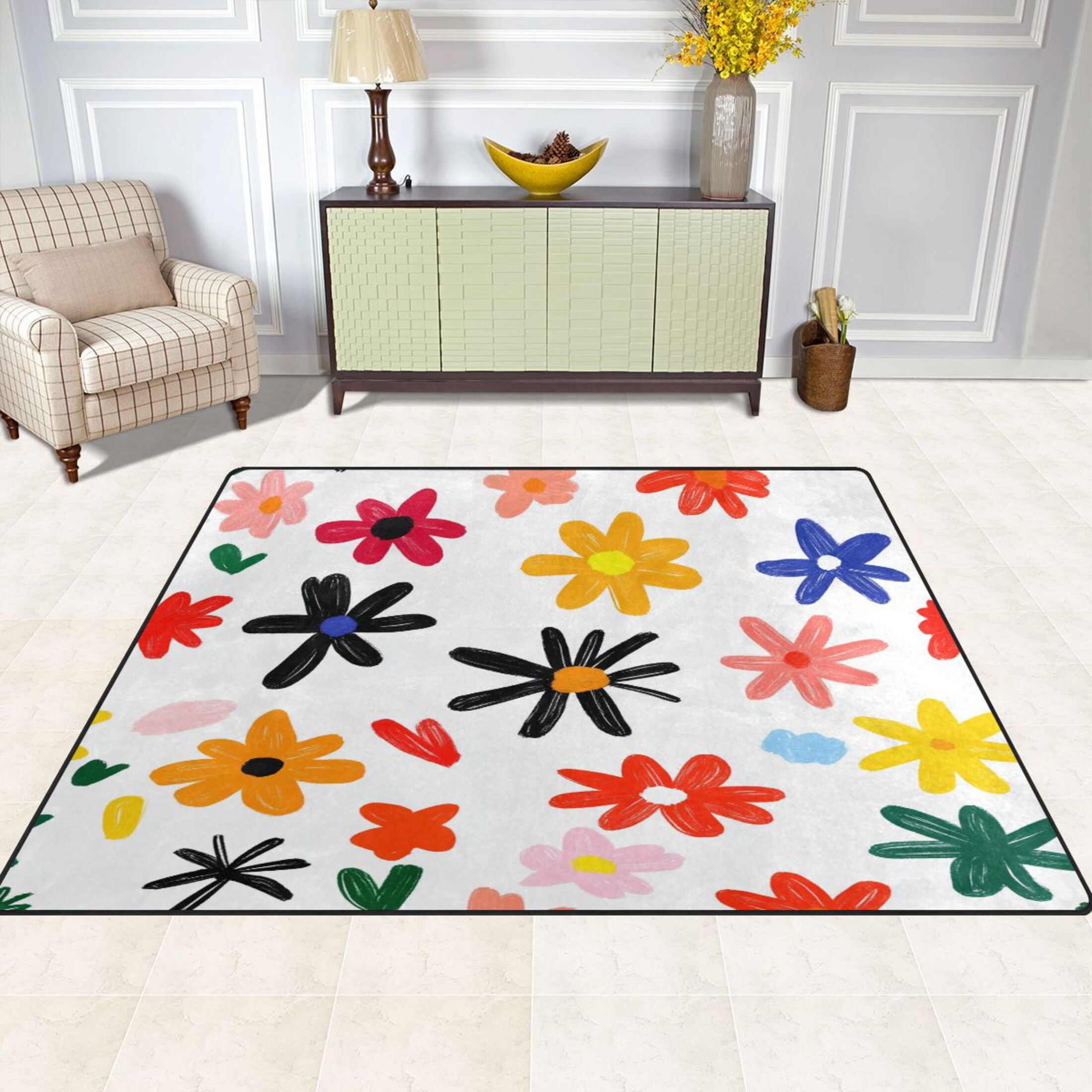 Colorful Flowers Pattern 80''x58'' Extra Large Plush Memory Foam Rug ...