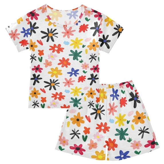 Colorful Flowers Pattern Summer Pajama Set Soft Cotton Short Sleeve ...