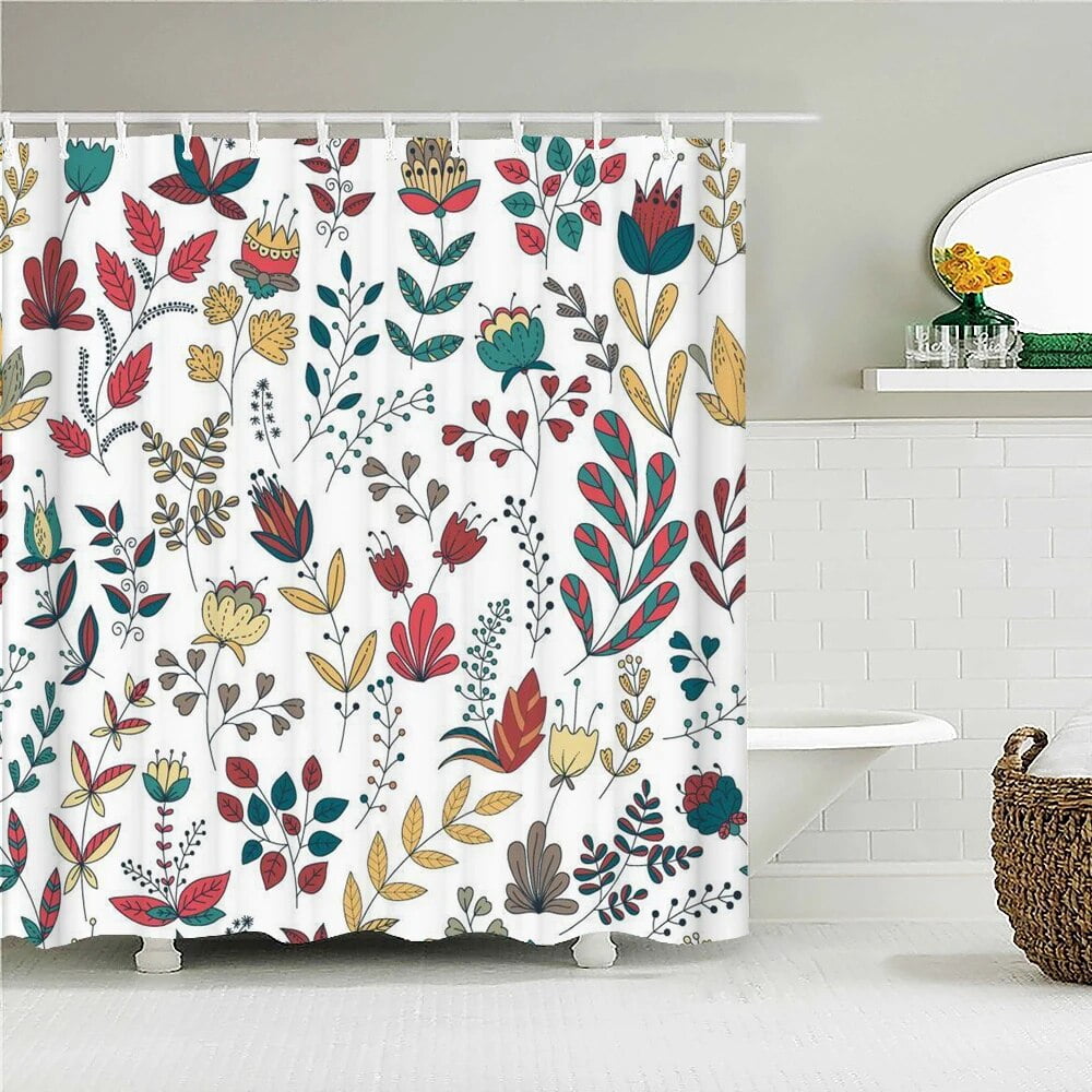 Colorful Flowers Pattern Waterproof Shower Curtain Tropical Leaves 3d