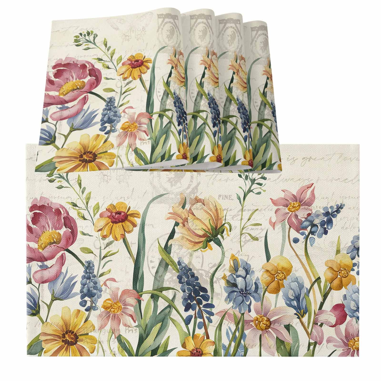 Colorful Flowers Placemats for Dinning Table Set of 4, Spring Botanical ...