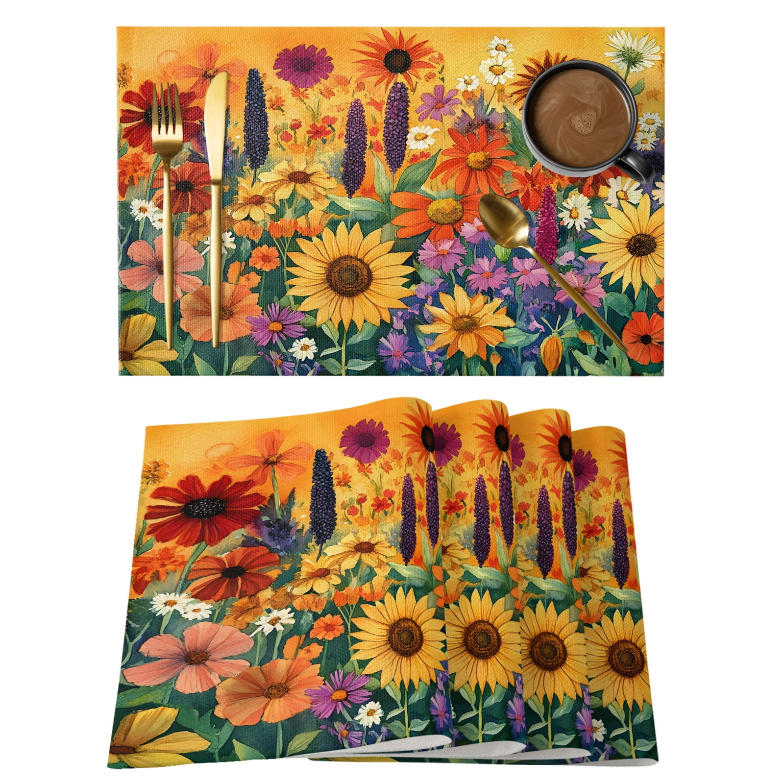 Colorful Flowers Placemats Set of 12, Cotton Linen Fabric Place Mats ...