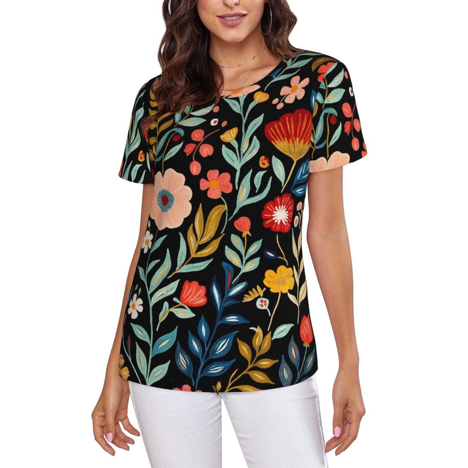Colorful Flowers Plant T-Shirt Crew Neck Short Sleeve Full-Print for ...