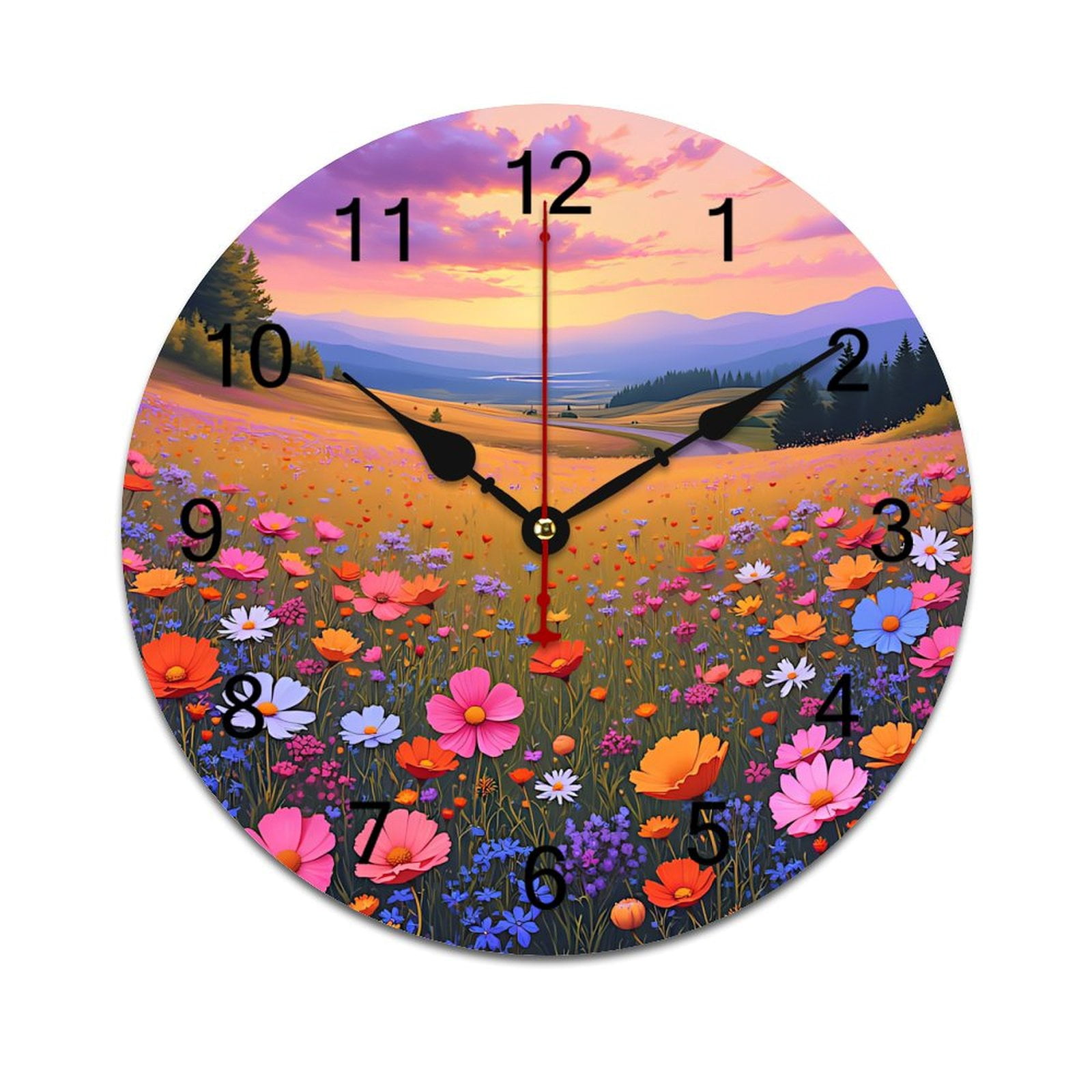 Colorful Flowers Printed Silent Wall Clock Round Kitchen Clock Chic ...