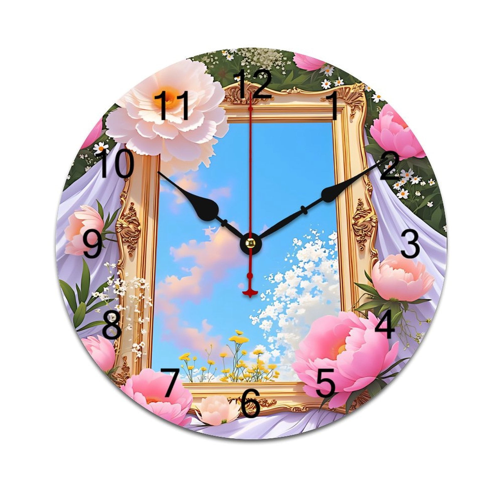 Colorful Flowers Printed Silent Wall Clock Round Kitchen Clock Chic ...