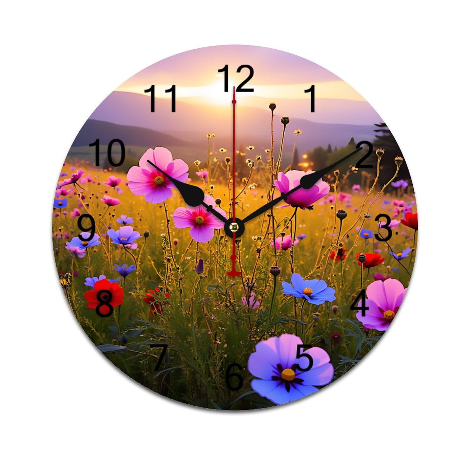 Colorful Flowers Printed Silent Wall Clock Round Kitchen Clock Chic ...