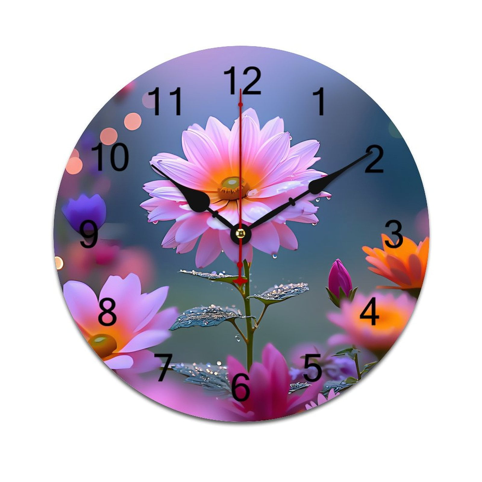 Colorful Flowers Printed Silent Wall Clock Round Kitchen Clock Chic ...