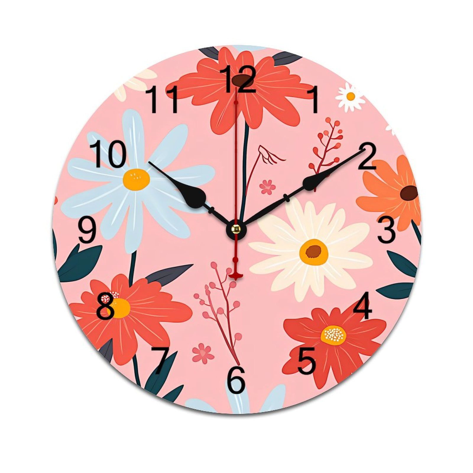 Colorful Flowers Printed Silent Wall Clock Round Kitchen Clock Chic ...